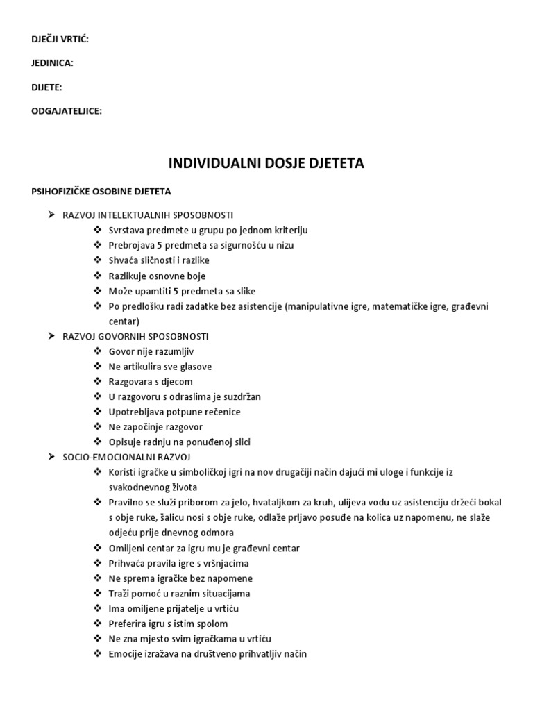 Individualni Dosje Djeteta | PDF