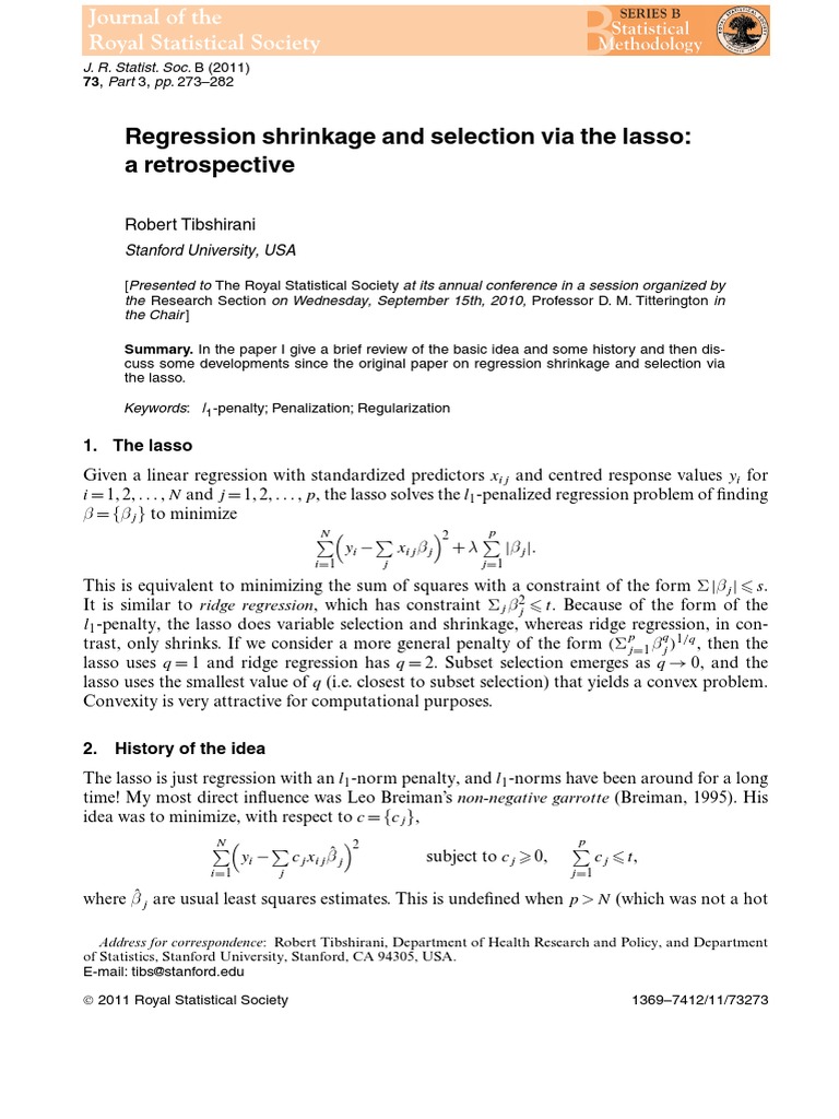Regression Shrinkage and Selection Via The Lasso: A Retrospective | Download Free PDF | Bayesian ...