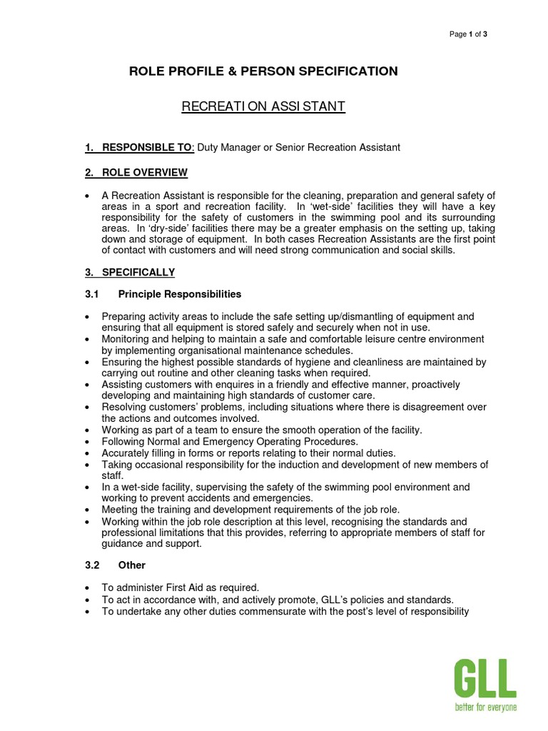 Recreation Assistant | PDF | Safety | Recreation