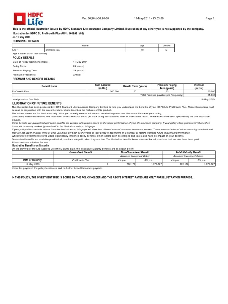 HDFC Life ProGrowth Plus Illustration | PDF | Life Insurance | Insurance