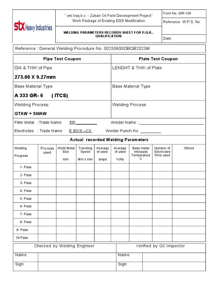 QIR-104-Welding Parameters Record Sheet | PDF
