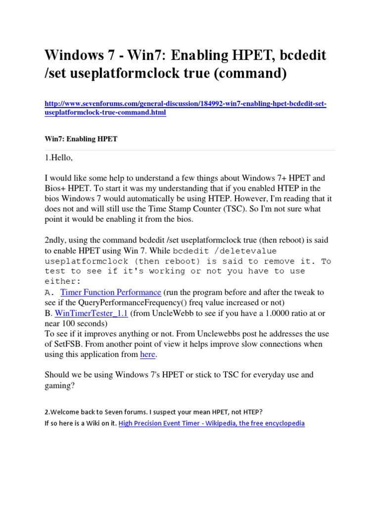 Windows 7 - Win7 Enabling HPET, Bcdedit Set Useplatformclock True (Command) | PDF | Digital ...