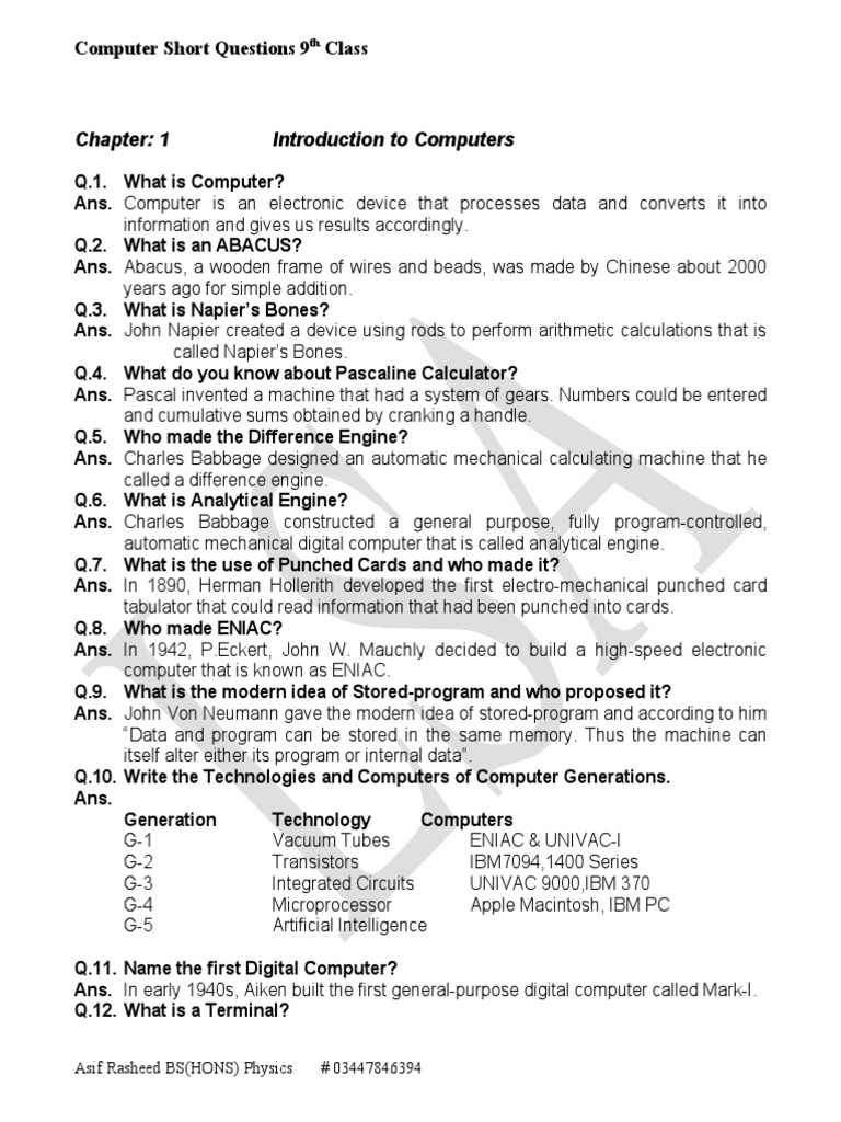 9th Class Computer Short | PDF | Input/Output | Computer Hardware
