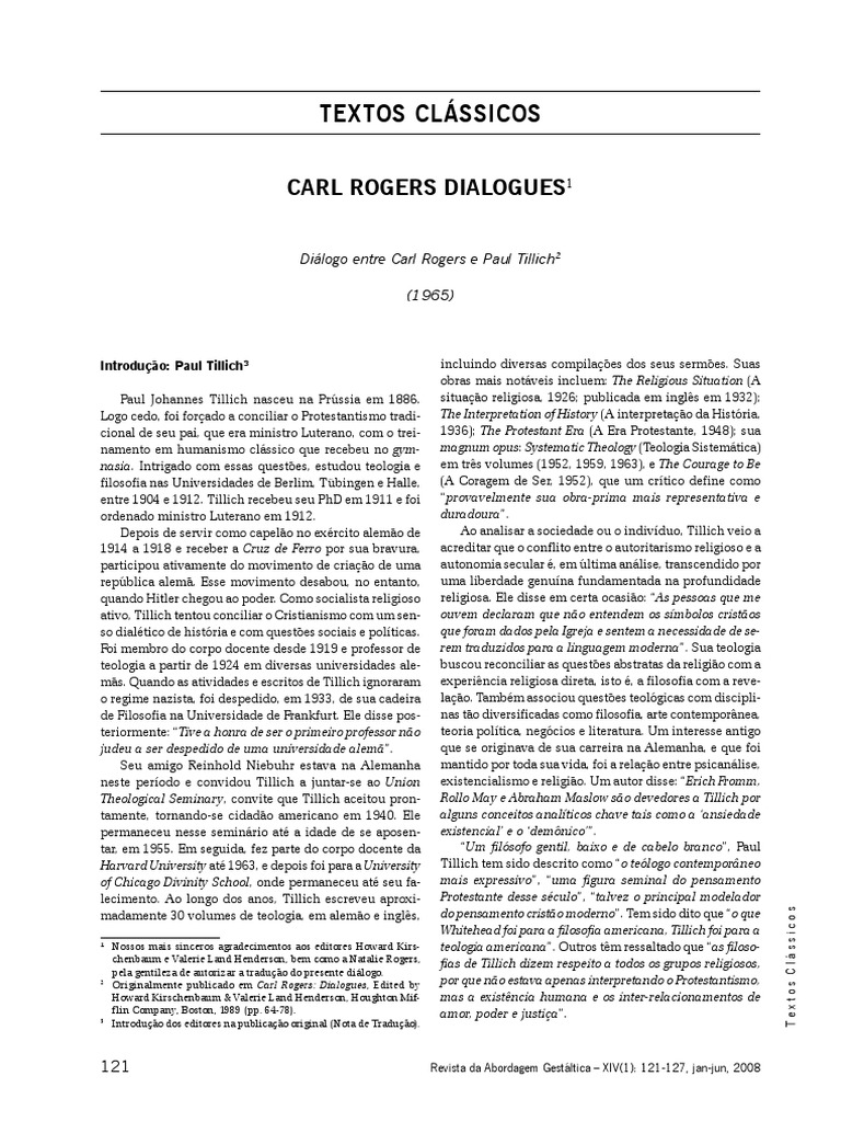 Diálogo Entre Carl Rogers e Paul Tillich | PDF | Realidade | Amor Diálogo Entre Carl Rogers e Paul Tillich | PDF | Realidade | Amor