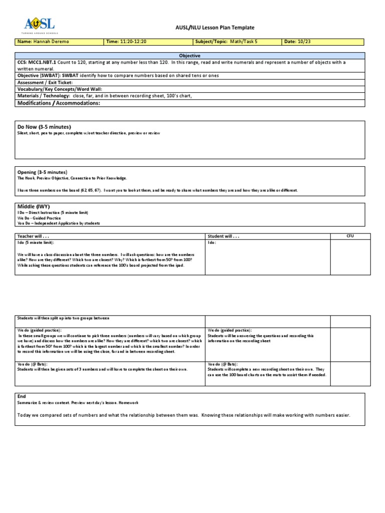 AUSL/NLU Lesson Plan Template: Written Numeral | PDF | Lesson Plan ...