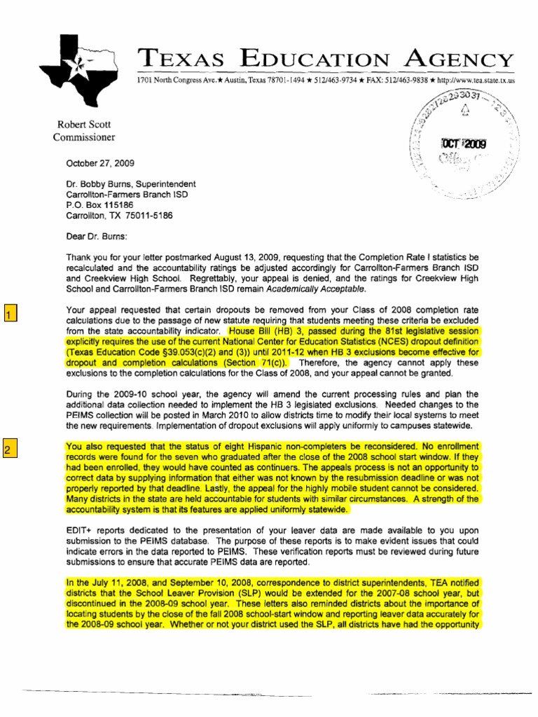 CFBISD Appeal Denial Letter From TEA October 27 2009 | PDF