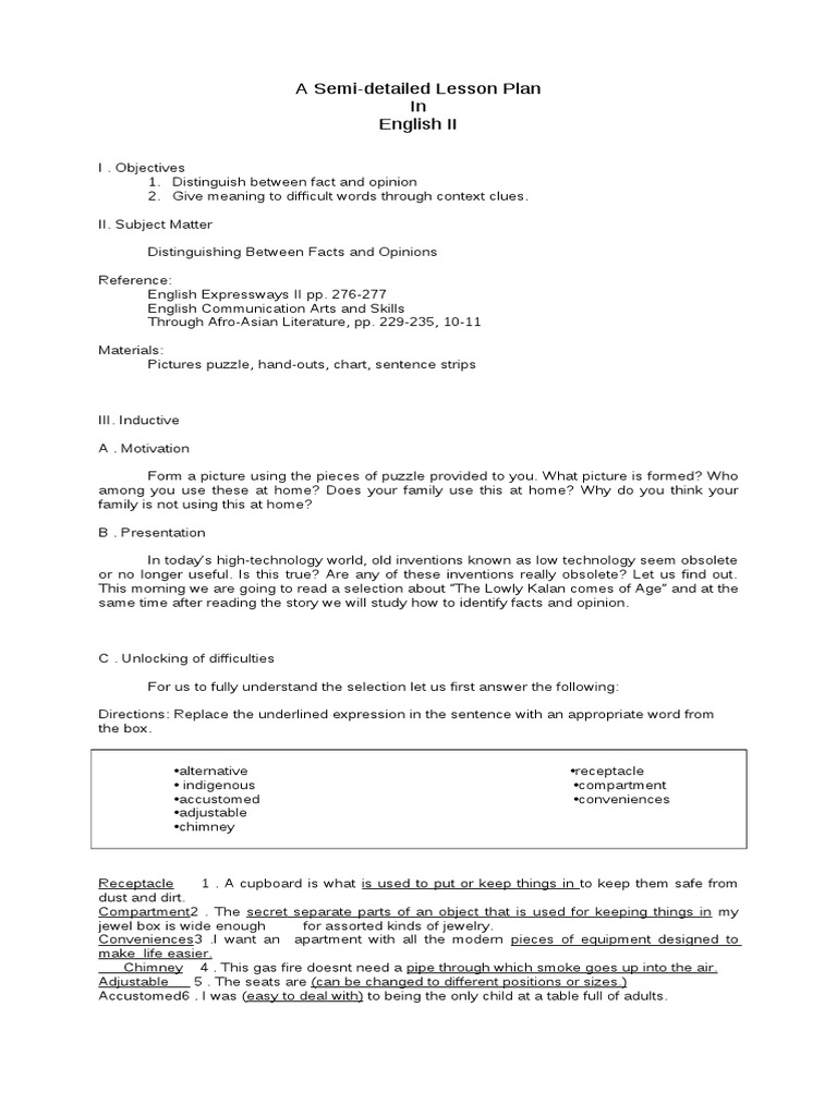 A Semi-detailed lesson plan in english