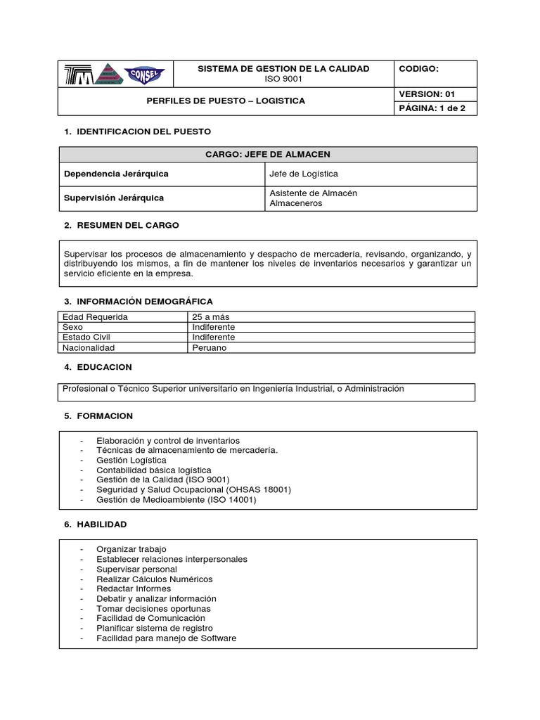 Perfil de Jefe de Almacen