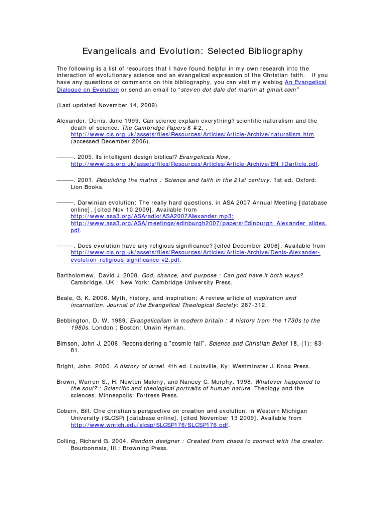 Evangelicals and Evolution Selected Bibliography | PDF | Creationism ...