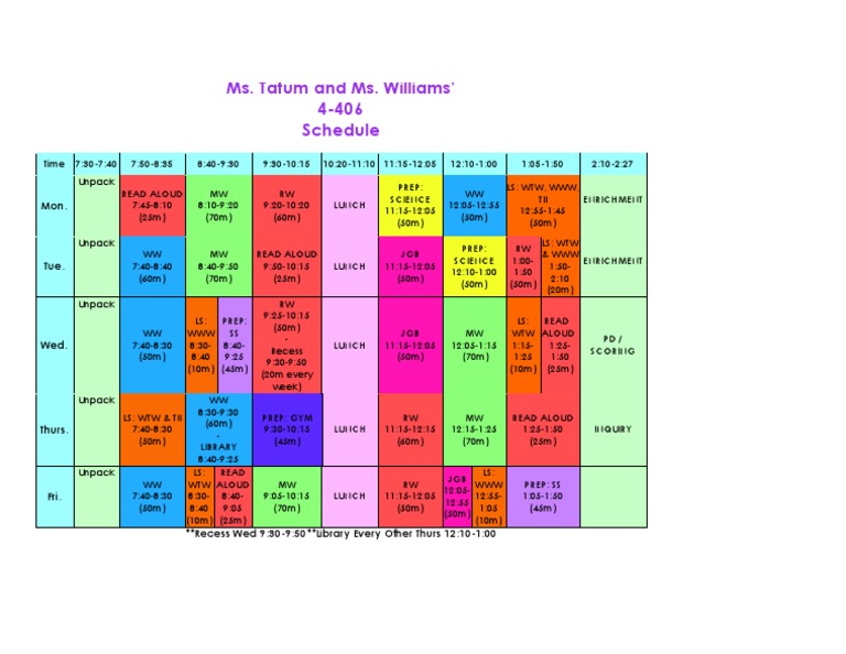 Weekly Schedule for Ms. Tatum and Ms. Williams | PDF | Science ...