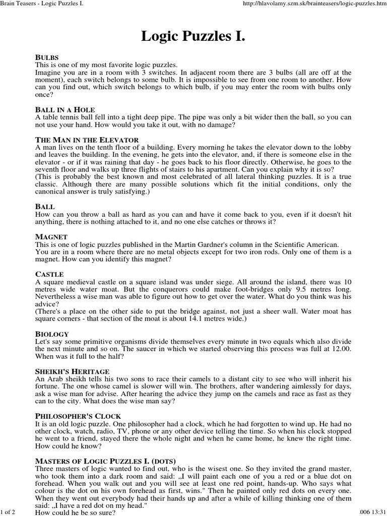 Logic Puzzles and Brain Teasers I | PDF | Weighing Scale | Weight