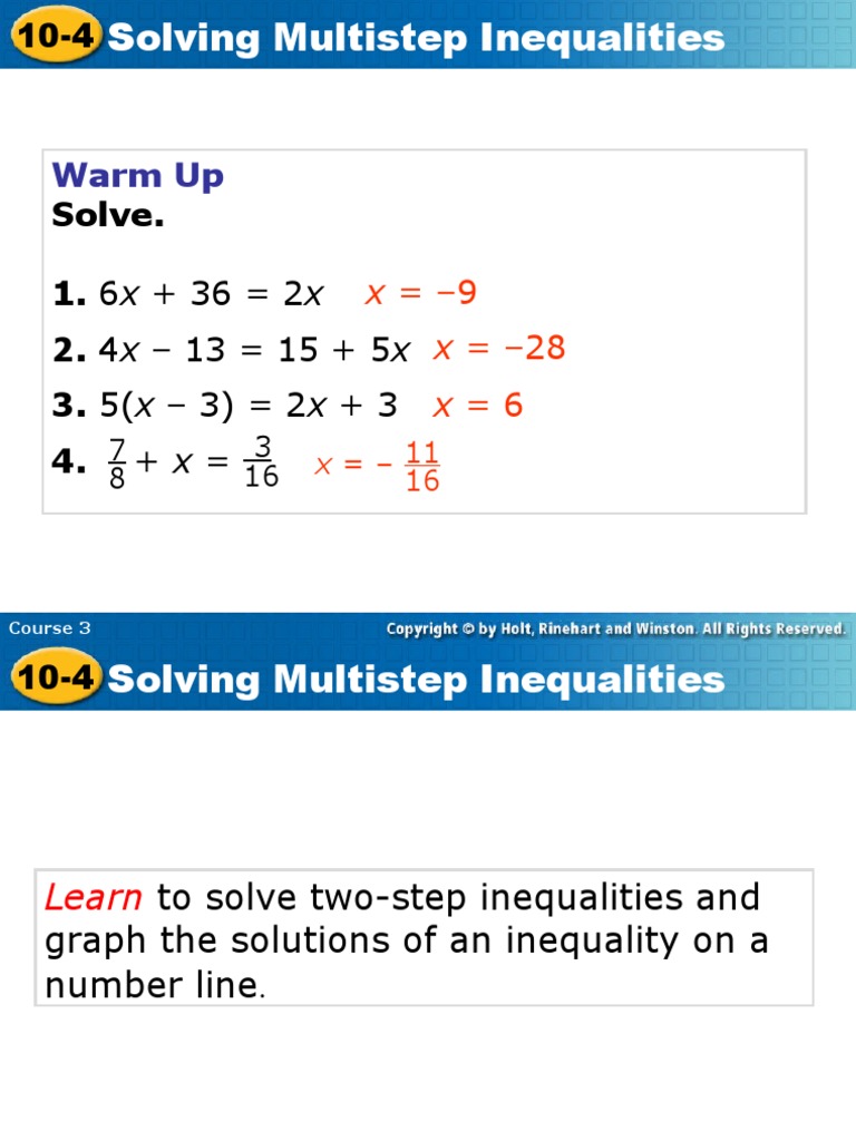 10-4 Solving Multistep Inequalities | PDF | Inequality (Mathematics ...