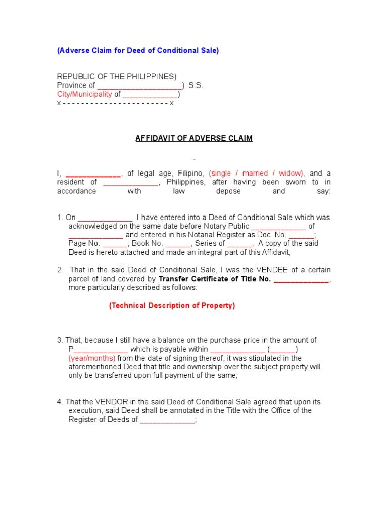Adverse Claim For Deed of Conditional Sale | PDF | Finance & Money ...
