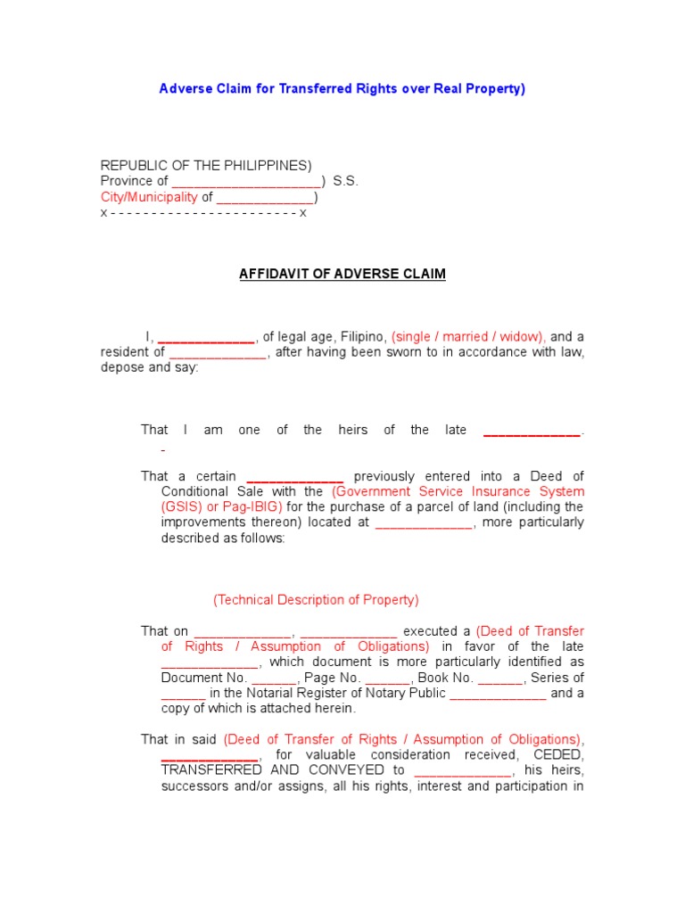 Adverse Claim for Land Rights in Philippines | PDF | Deed | Affidavit