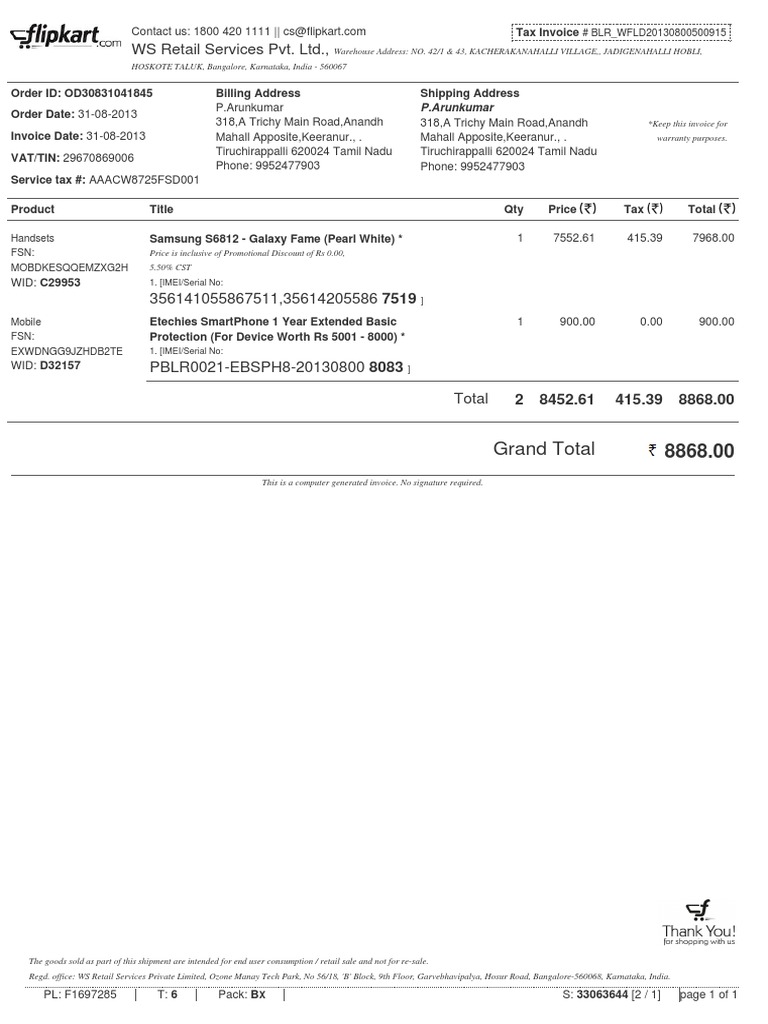 Invoice OD30831041845 | Smartphone | Invoice