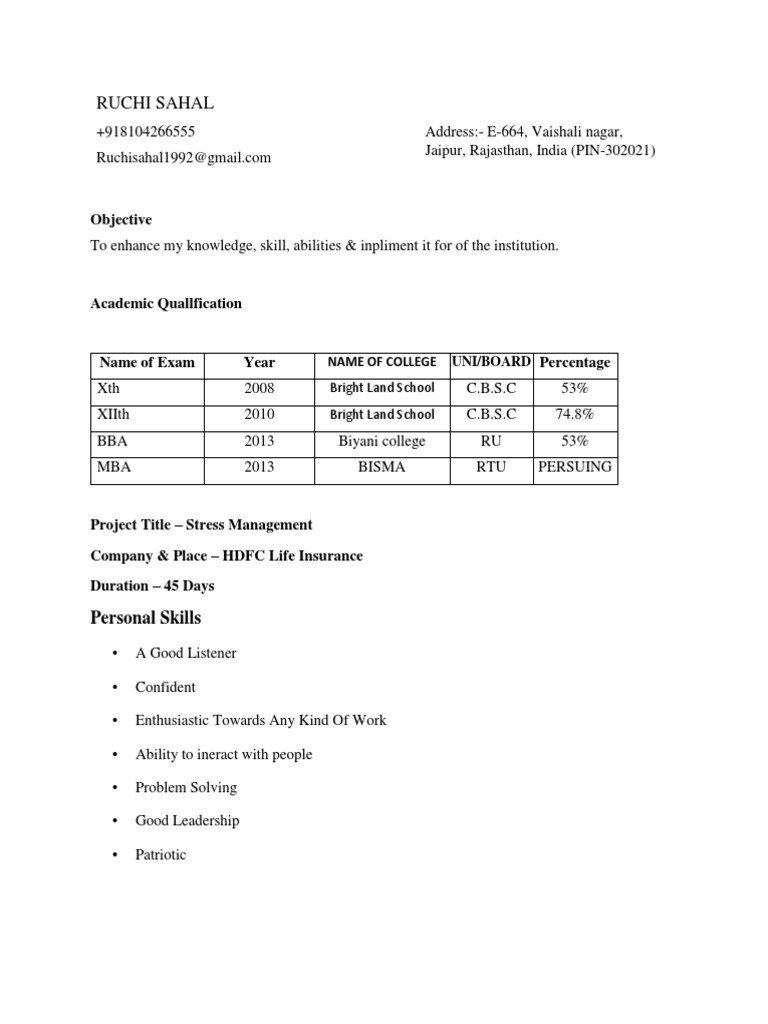 Ruchi Sahal - Resume and Profile | PDF | Self-Improvement | Wellness