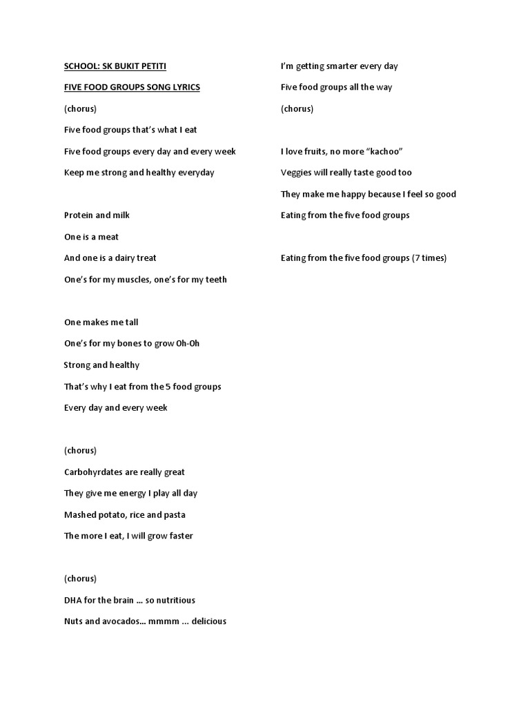 Five Food Groups Song Lyrics | PDF | Wellness