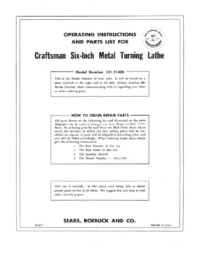 Craftsman 101.21400 Metal Lathe | PDF
