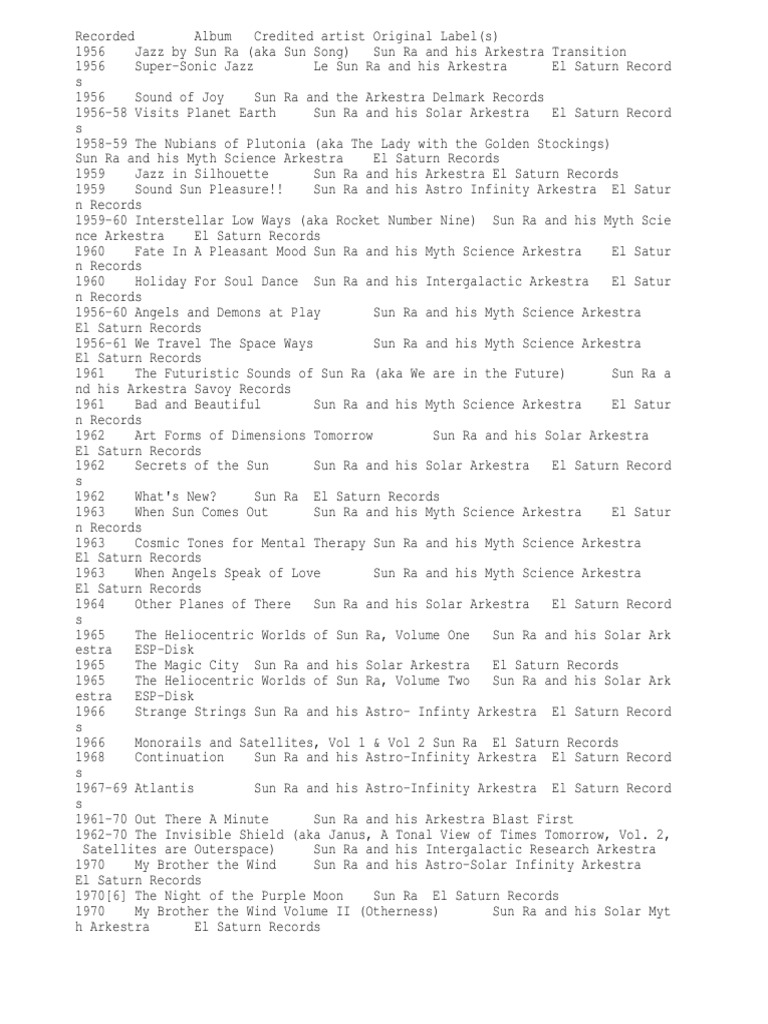 Sun Ra's Discography | PDF | Contemporary Music | Recorded Music