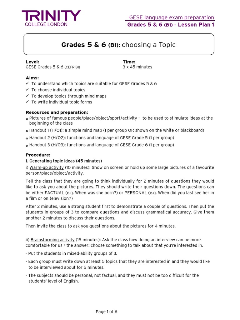 GESE Grades 5 & 6 (B1) - Lesson Plan 1 - Choosing a Topic (Final ...
