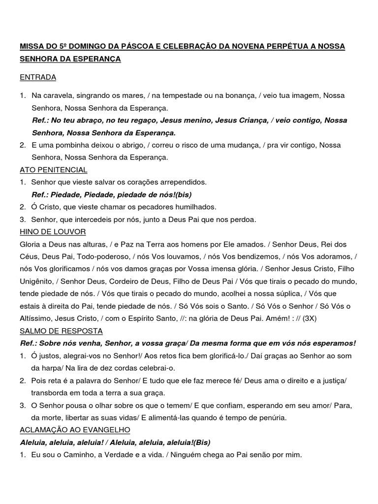 Missa Do 5º Domingo Da Páscoa e Celebração Da Novena Pérpetua A Nossa ... Missa Do 5º Domingo Da Páscoa e Celebração Da Novena Pérpetua A Nossa ...