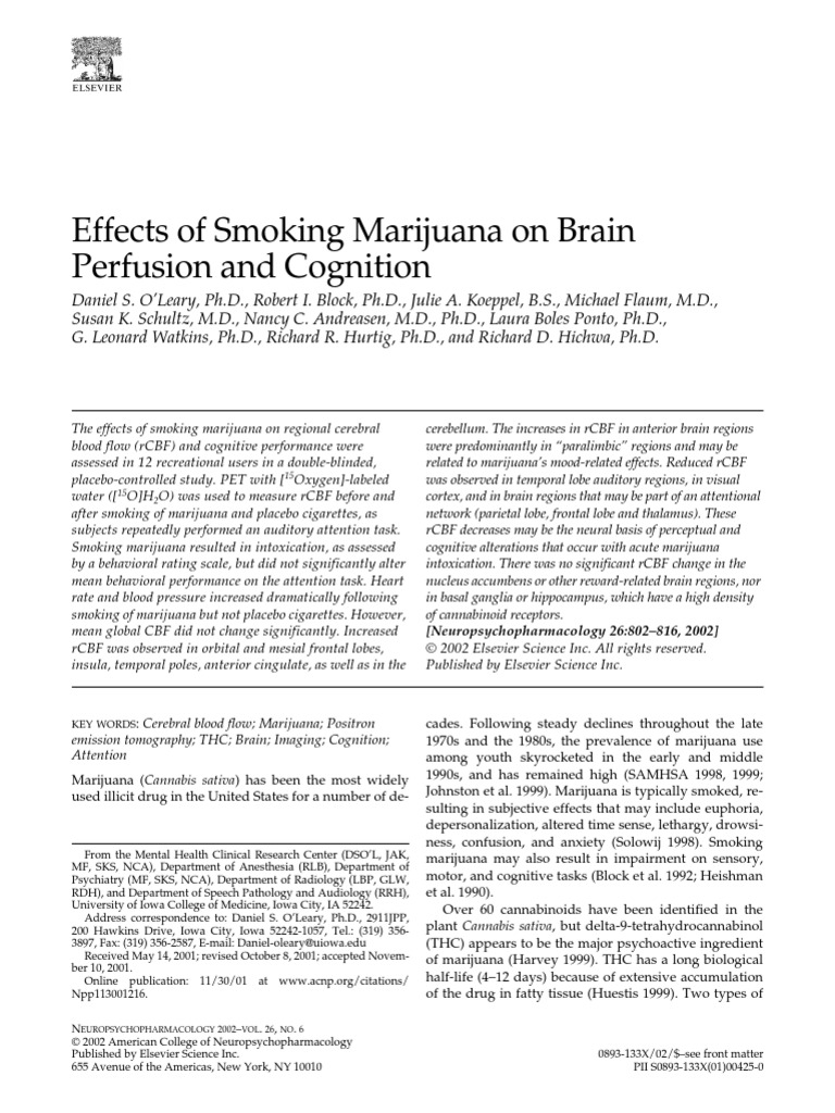 Effects of Smoking Marijuana On Brain Perfusion and Cognition | PDF