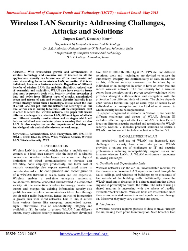Wireless LAN Security: Addressing Challenges, Attacks and Solutions ...