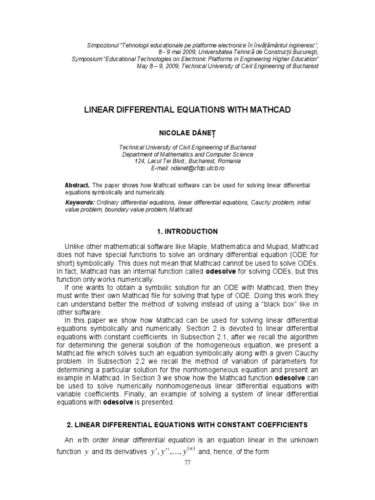 Linear Differential Equations With Mathcad | PDF | Ordinary ...