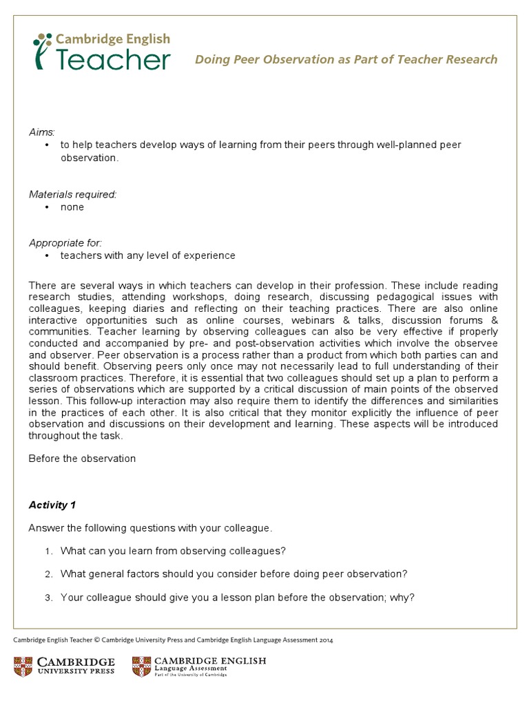 Doing Peer Observation As Part of Teacher Research | PDF | Lesson Plan ...