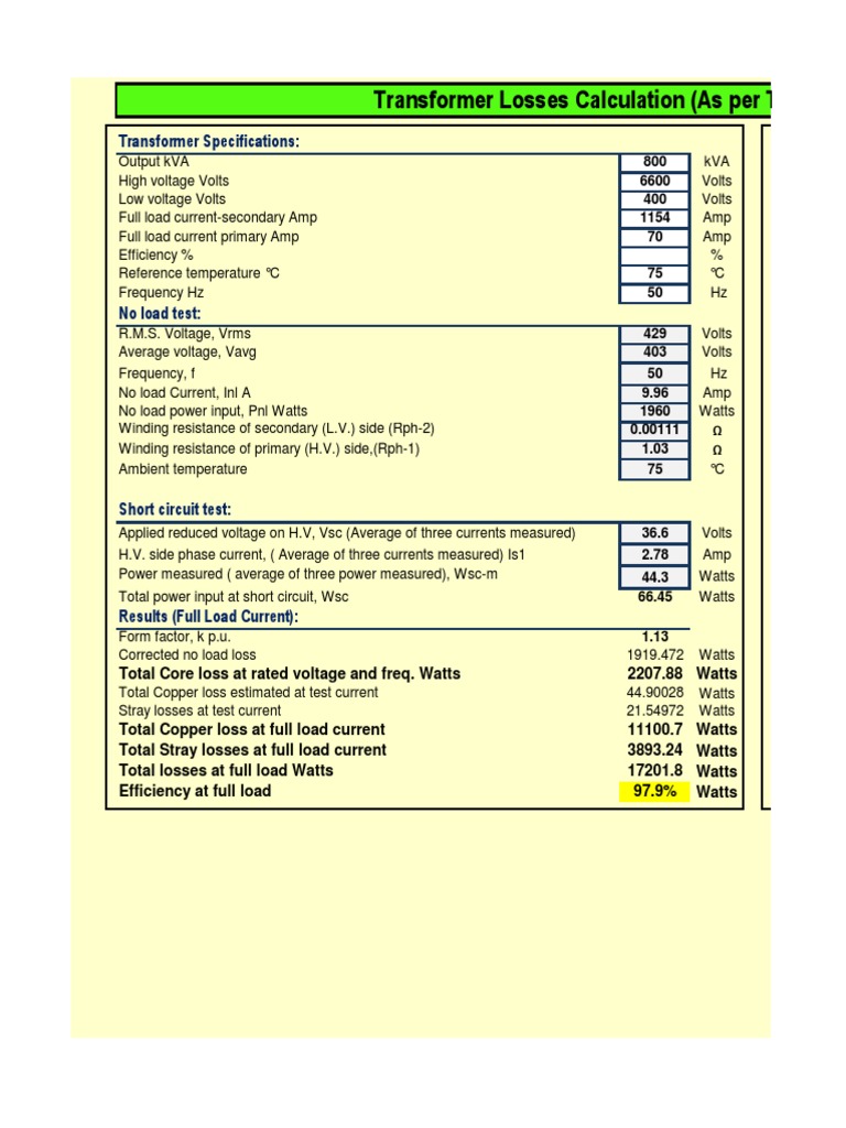 Transformer Losses Calculation (As Per Transformer Test Results) | PDF