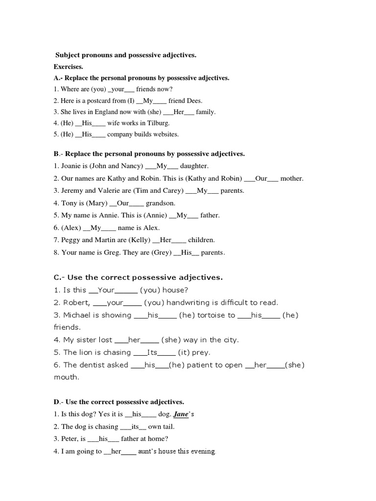 Subject Pronouns and Possessive Adjectives | PDF | Language Arts ...