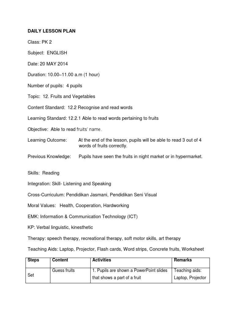 Daily Lesson Plan: Steps Content Activities Remarks | PDF | Lesson Plan ...