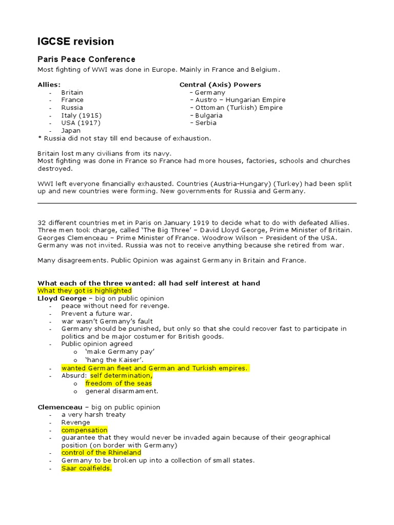 IGCSE Revision Paris Peace Conference | PDF | Paris Peace Conference ...