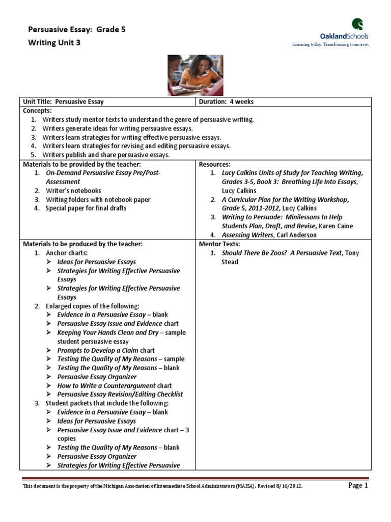 Persuasive Essay: Grade 5 Writing Unit 3 | Download Free PDF | Essays ...