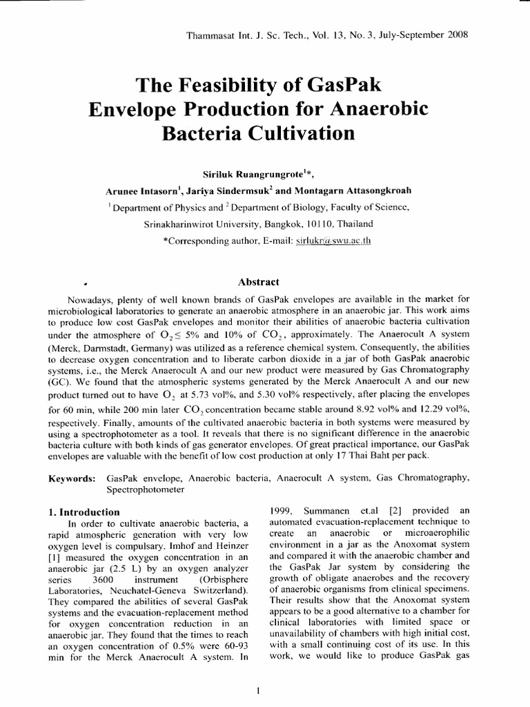 The Feasibilitv of Gaspak Envelope Production For Anaerobic Bacteria ...