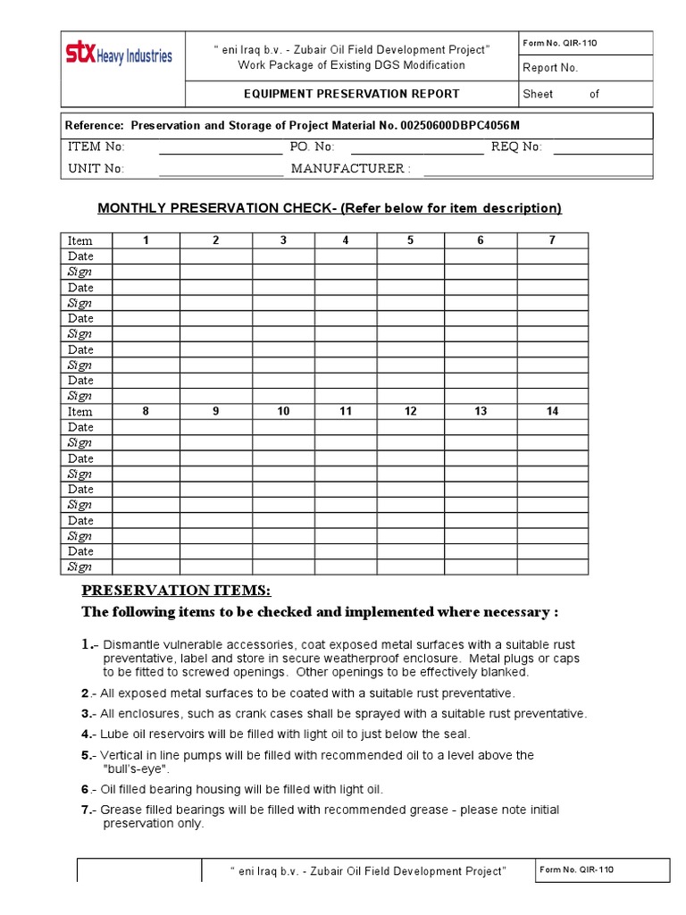 Equipment Preservation Checklist Guide | PDF