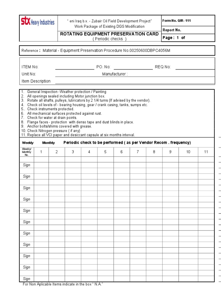 QIR-111-Rotating Equipment Preservation Card | PDF | Computers