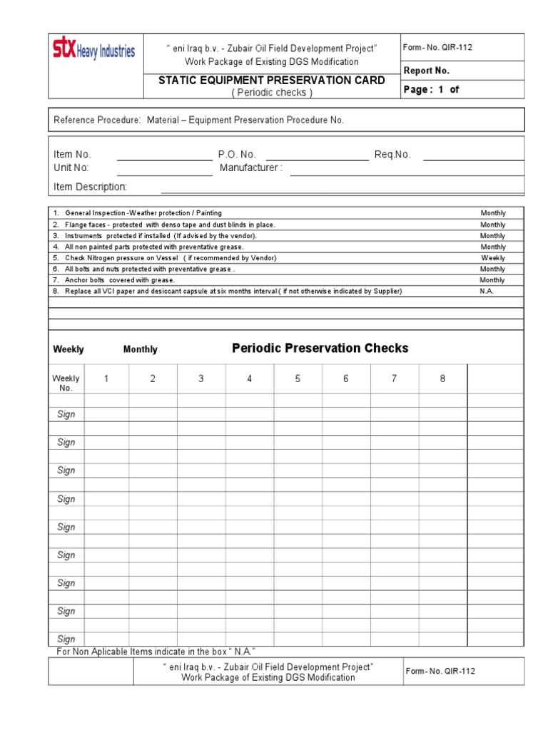 QIR-112-Static Equipment Preservation Card | PDF