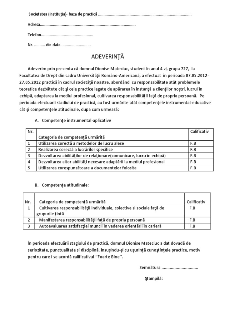 Adeverinta de Practica | PDF