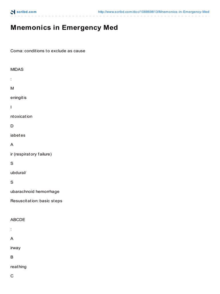 Mnemonics in Emergency Med | PDF | Rtt | Clinical Medicine