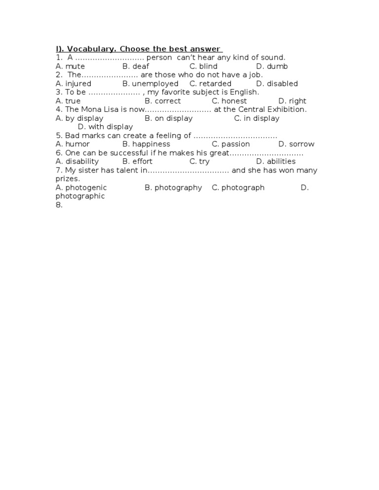 I) - Vocabulary. Choose The Best Answer 1. A . Person | PDF