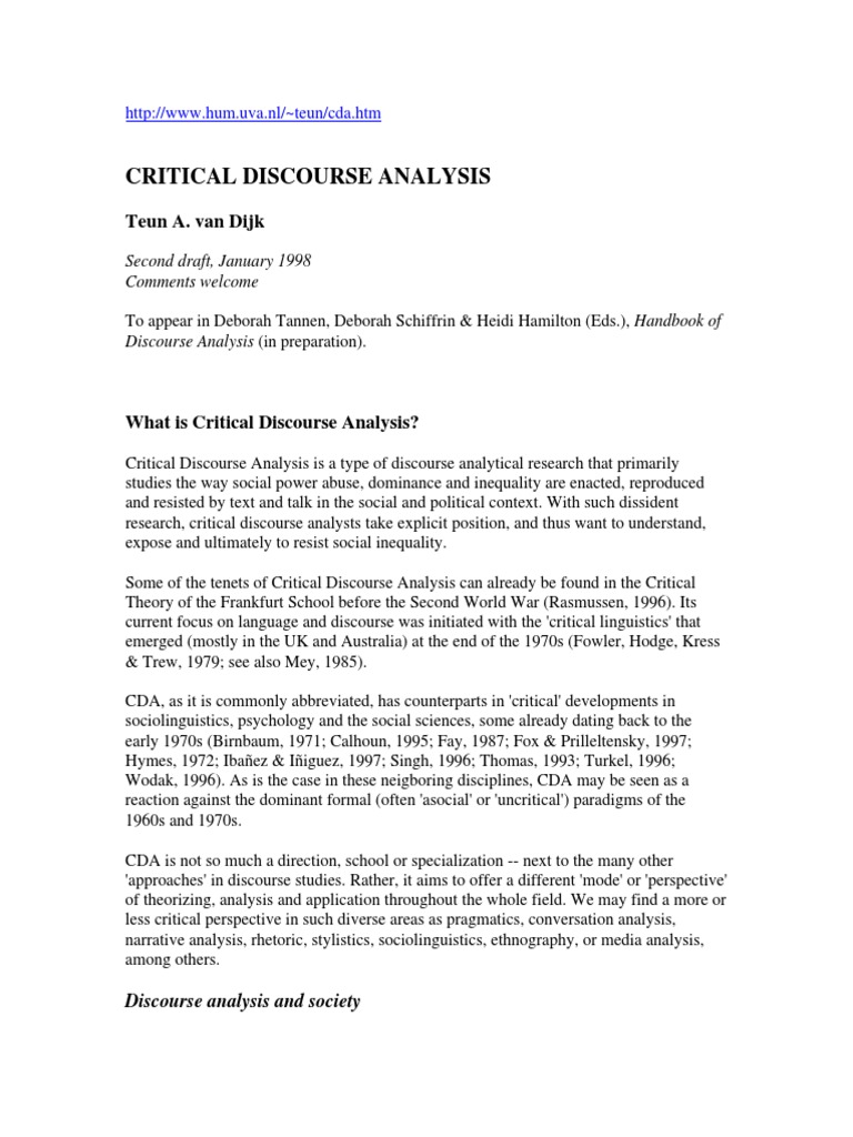 Van Dijk - Critical Discourse Analysisk | PDF | Power (Social And ...