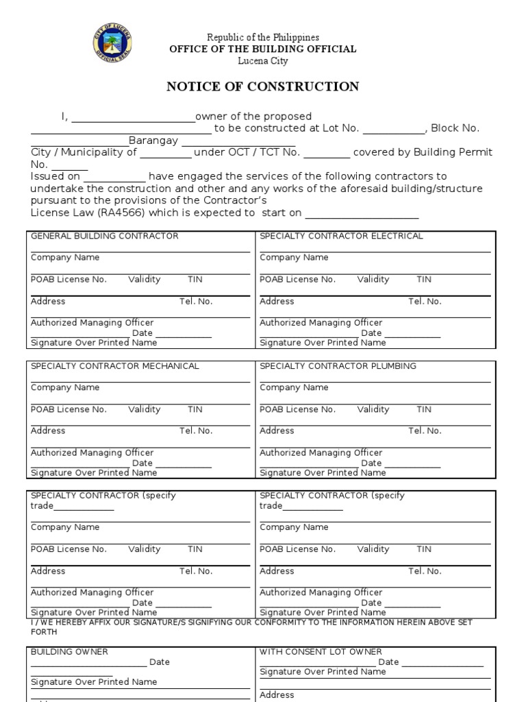 Notice of Construction Submission | PDF | Signature | Architect