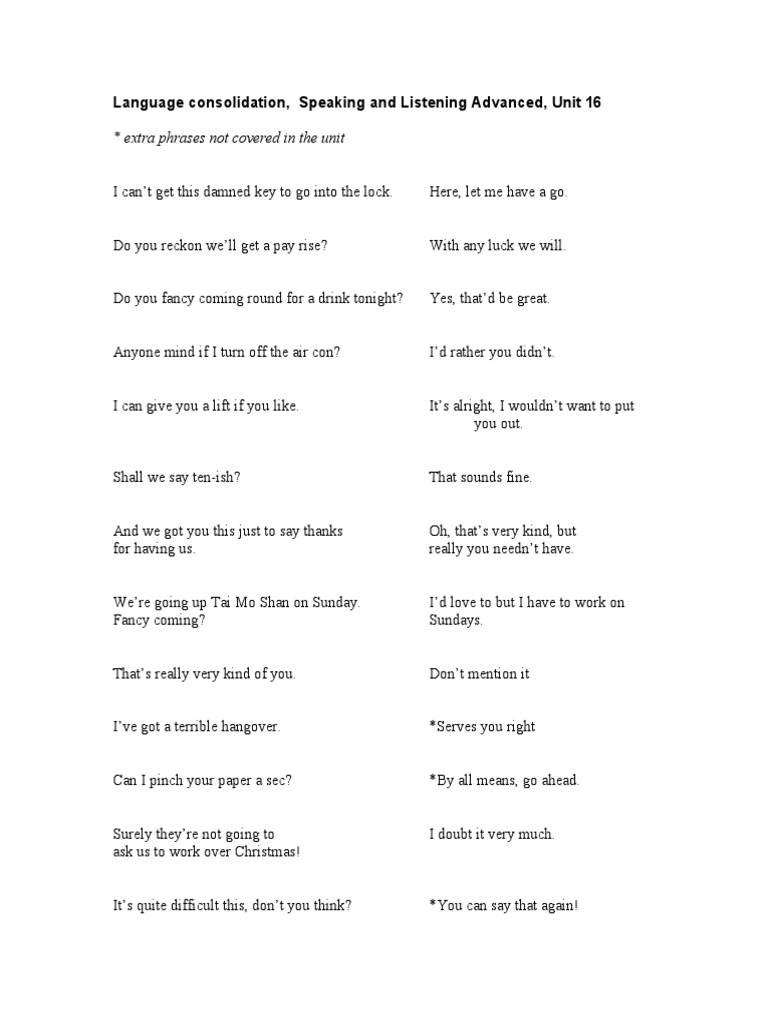 Extra Phrases Not Covered in The Unit: Language Consolidation, Speaking ...