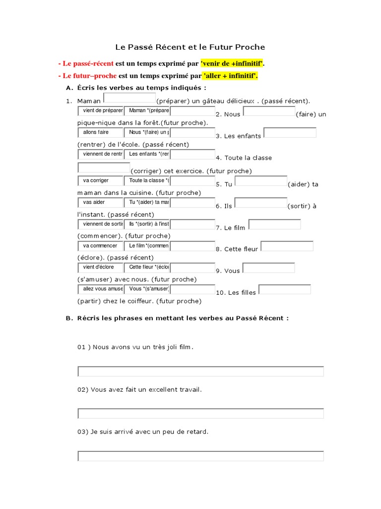 Passé Récent et Futur Proche: Exercices | PDF | Conjugaison | Grammaire