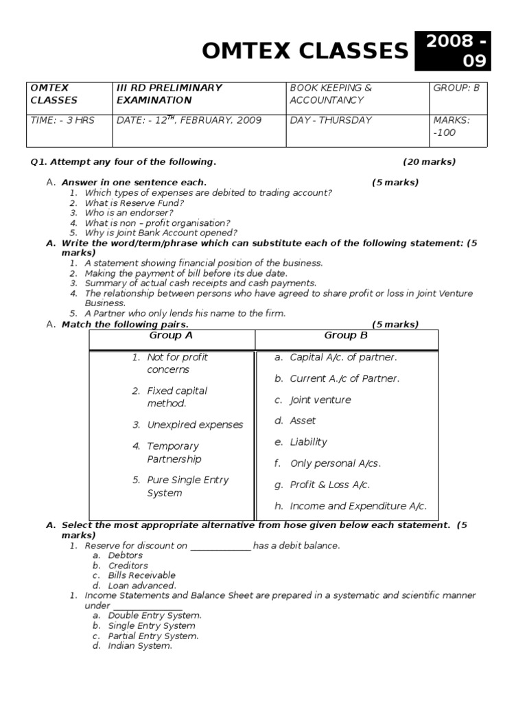 HSC Accounts Model Question Paper For Board Exam | PDF | Debits And ...
