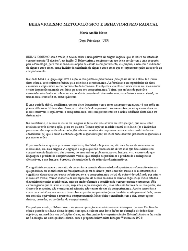 Behaviorismo Metodologico e Behaviorismo Radical | PDF | Filosofia | Ciências e Matemática