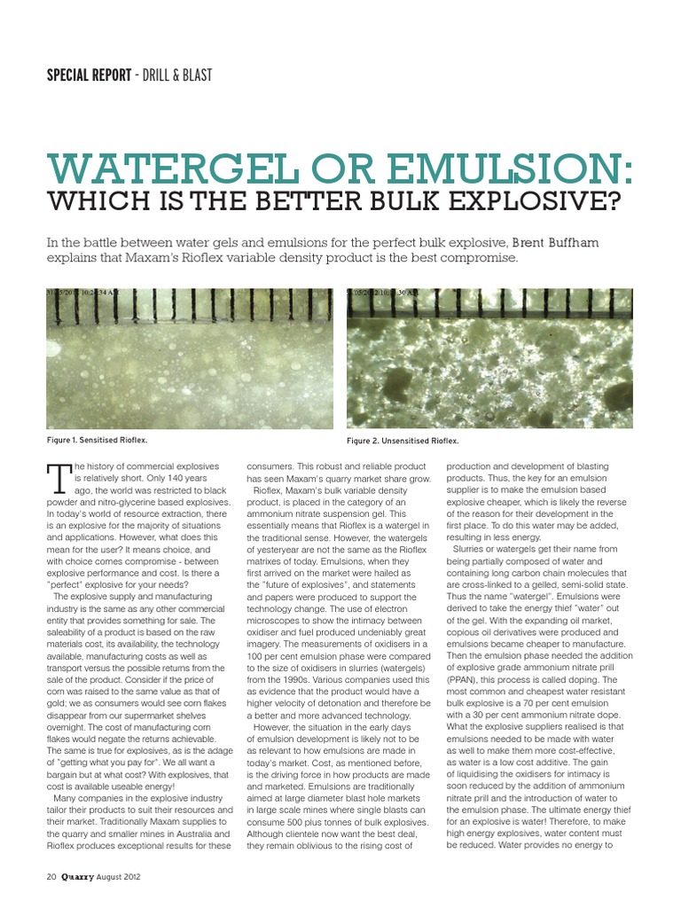 Watergel or Emulsions Which Is The Better Bulk Explosive? | PDF | Explosive Material | Emulsion