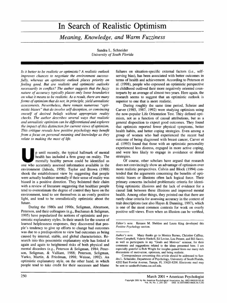 Schneider - Search of Realistic Optimism | PDF | Optimism | Fuzzy Logic