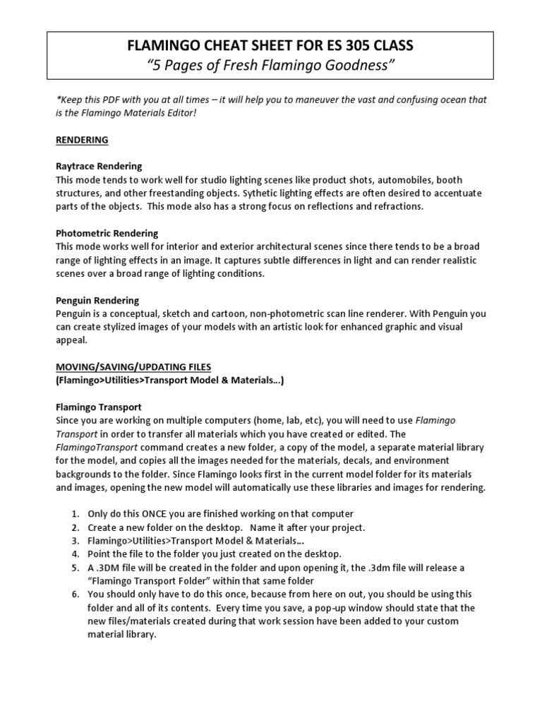 Flamingo Cheat Sheet | PDF | Rendering (Computer Graphics) | Reflection (Physics)